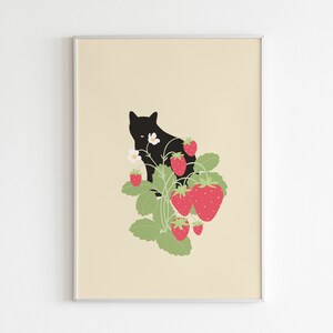 Cat Strawberry Art Print, Strawberry Print, Strawberry Art, Cat Print ...