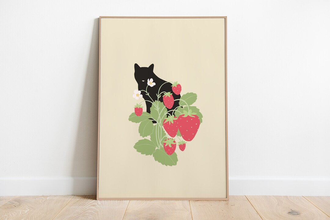 Cat Strawberry Art Print, Strawberry Print, Strawberry Art, Cat Print ...