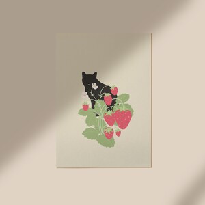Cat Strawberry Art Print, Strawberry Print, Strawberry Art, Cat Print ...
