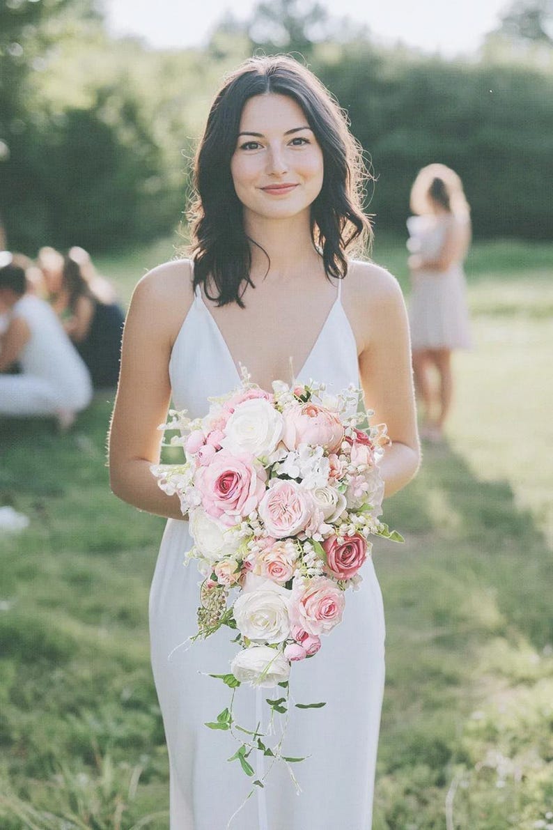 A&F Pink White Cascading Bouquet, Cascade Bridal Bouquet, Wedding ...