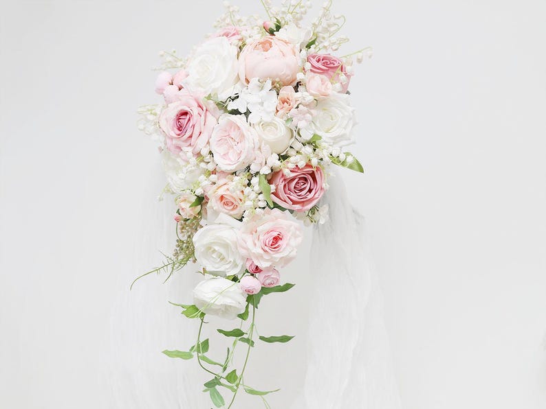 A&F Pink White Cascading Bouquet, Cascade Bridal Bouquet, Wedding ...