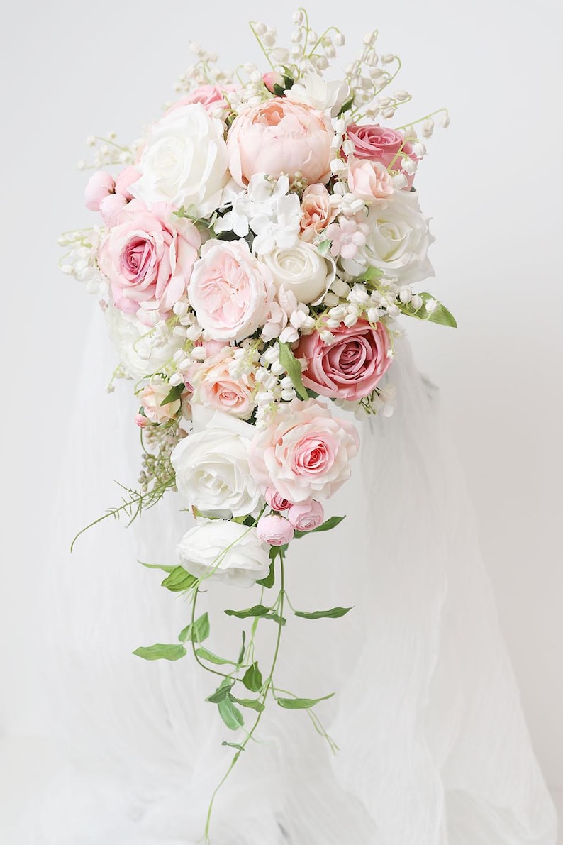 A&F Pink White Cascading Bouquet, Cascade Bridal Bouquet, Wedding ...