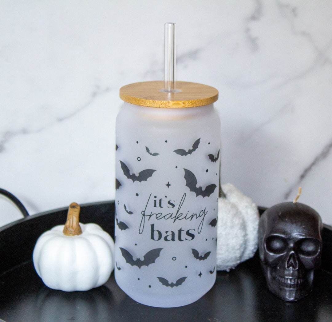 It's Freaking Bats Iced Coffee Cup, Halloween Glass Can, Cup With Lid ...