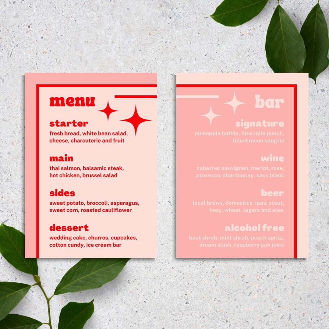 Pink + Red Wedding Menu Template | Retro Typography Custom Canva Design ...
