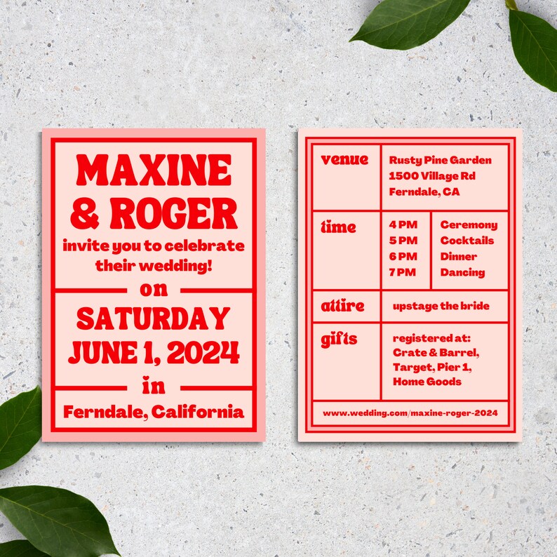 Pink + Red Wedding Invitation Set Template | Retro Typography Custom ...