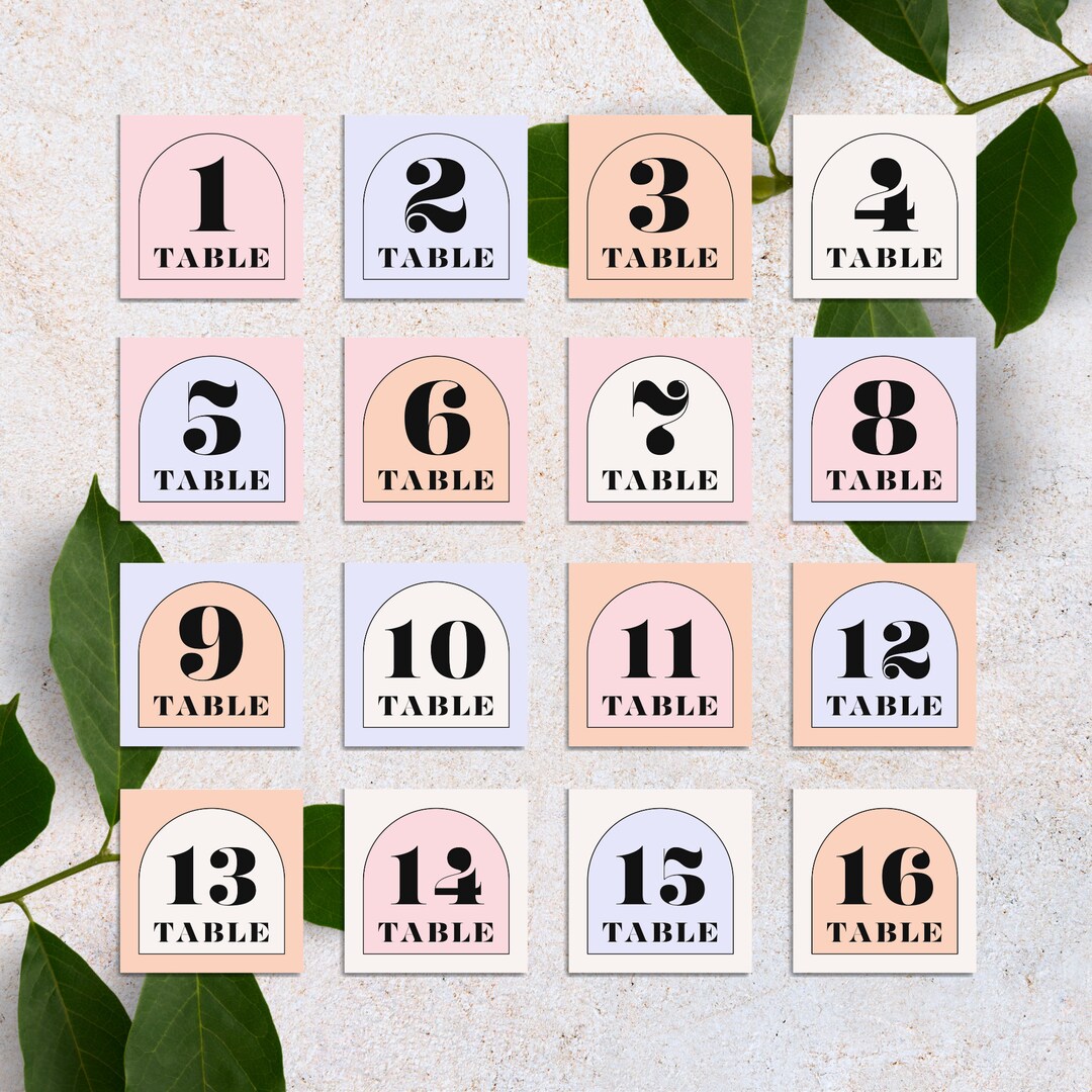 Pastel Pink Purple Orange Wedding Table Numbers | Retro Vintage Invite ...