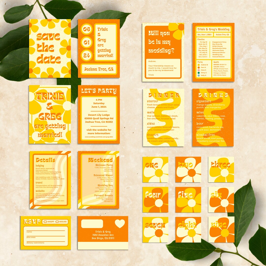 Retro Yellow + Orange Wedding Invitation Set | Custom Canva Template ...