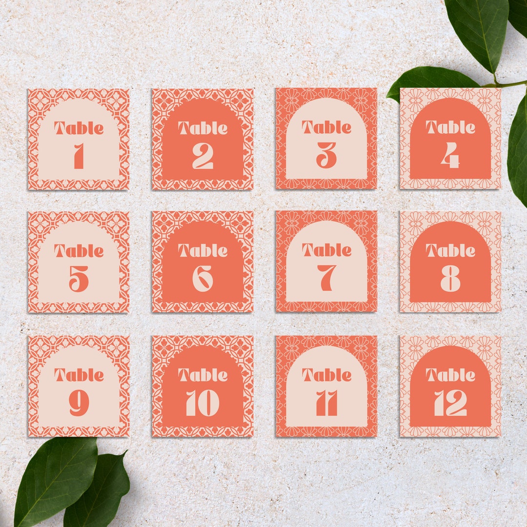 Pastel Peach-orange Wedding Table Numbers Card Design | Retro Vintage ...