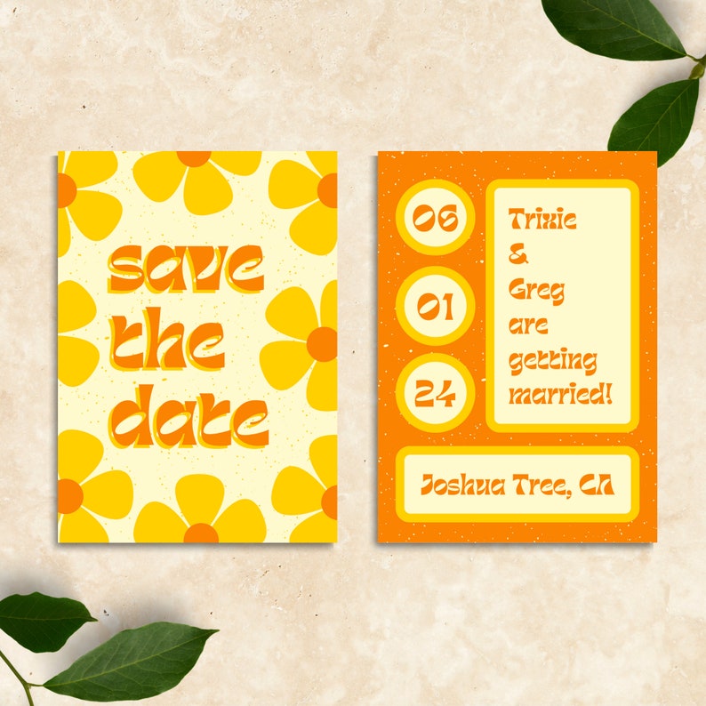 Retro Yellow + Orange Wedding Invitation Set | Custom Canva Template ...