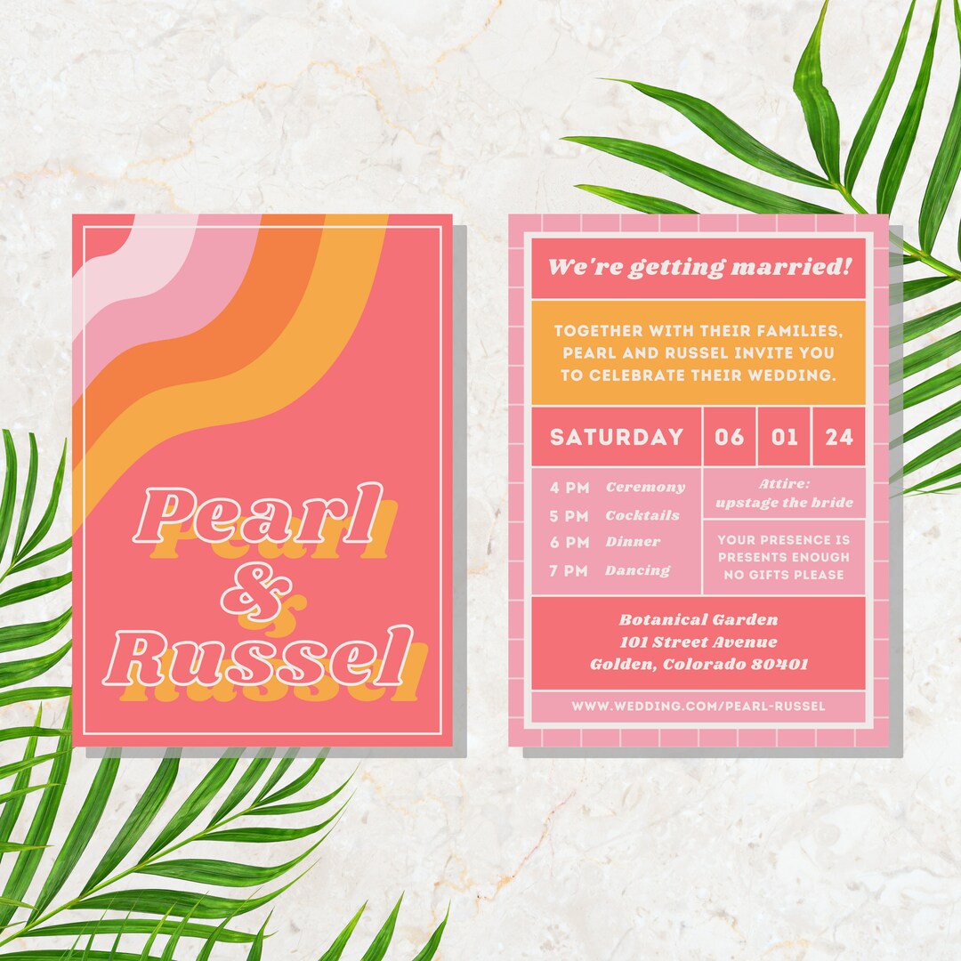 Retro Pink Rainbow Wedding Invitation | Bright Funky Custom Invite ...