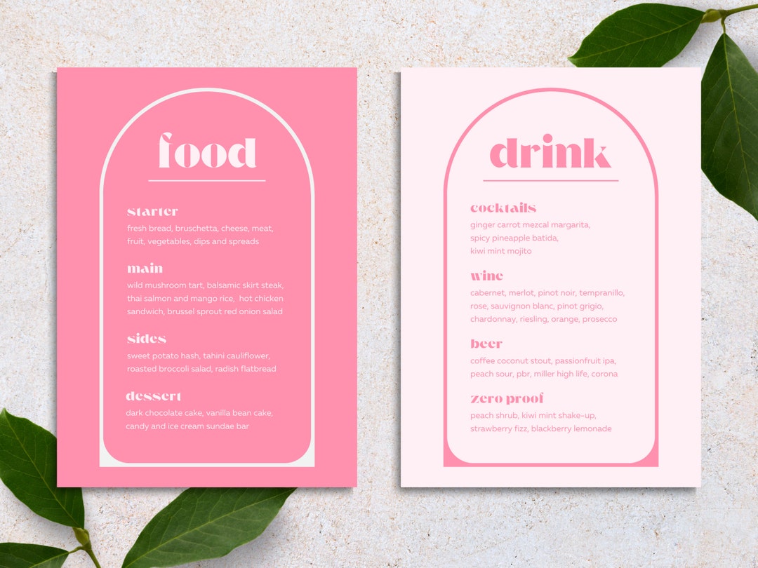Bright Pink Wedding Food & Drink Menu Card Colorful - Etsy