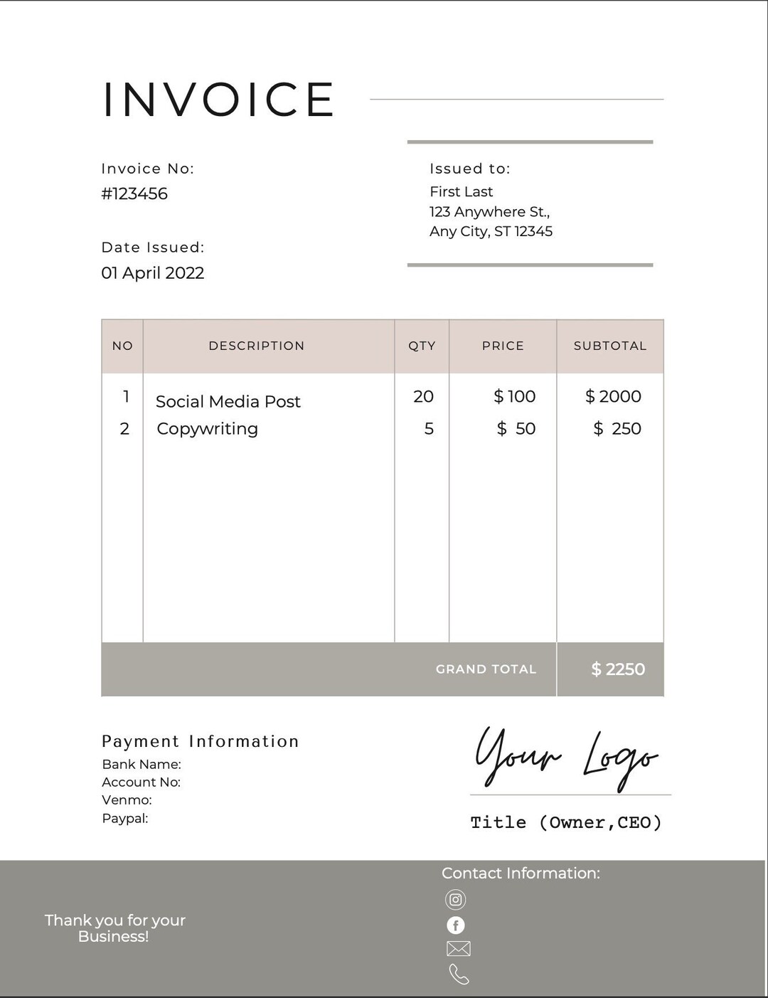 Invoice Editable Template, Printable Order Form Invoice, Digital ...