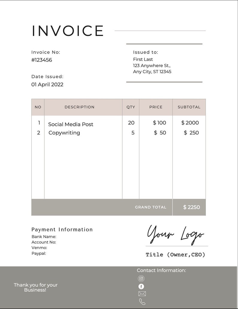 Invoice Editable Template, Printable Order Form Invoice, Digital ...