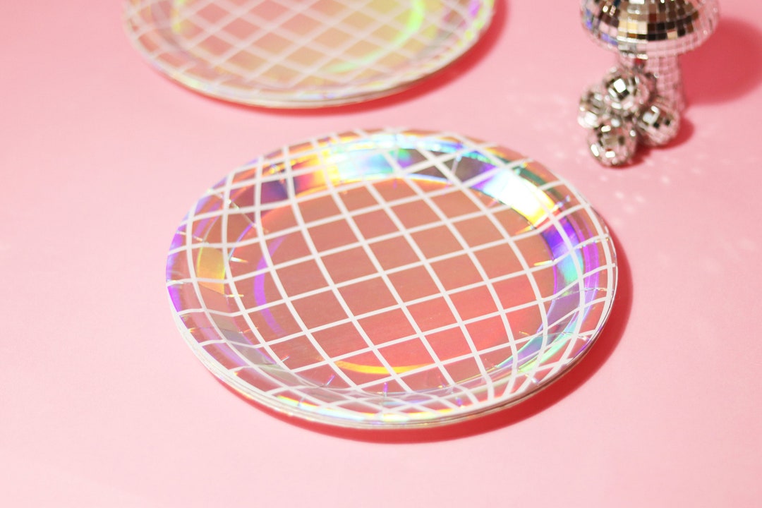 Disco Ball Design Iridescent Paper Party Plates 20 Pack / Silver Holo ...