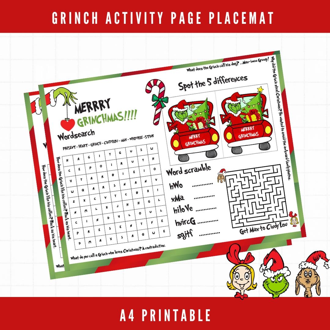 Grinch Activity Page Placemat 11x8.5 Printable Christmas Holiday ...