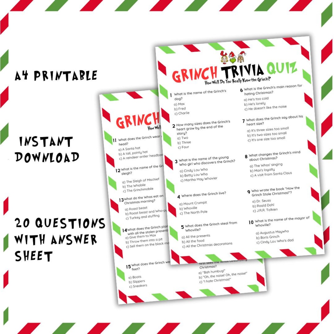 Christmas Game Printable Grinch Trivia Movie Digital A4 Grinch Holiday ...