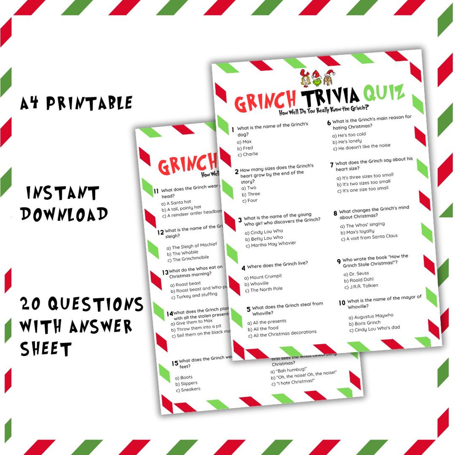 Christmas Game Printable Grinch Trivia Movie Digital A4 Grinch Holiday ...