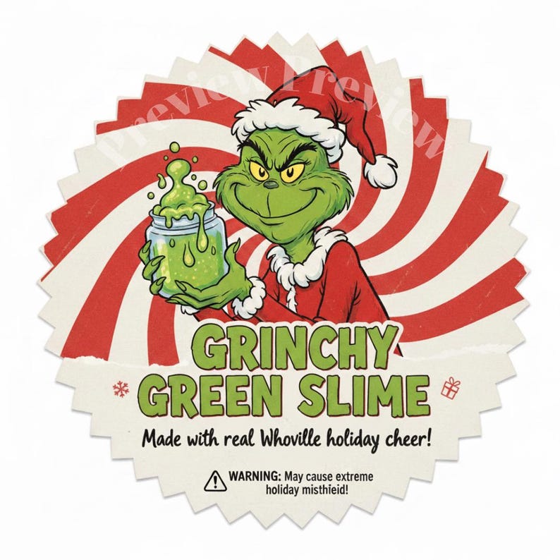 Grinchy Green Slime Labels Printable, Christmas Party Favour Stickers ...