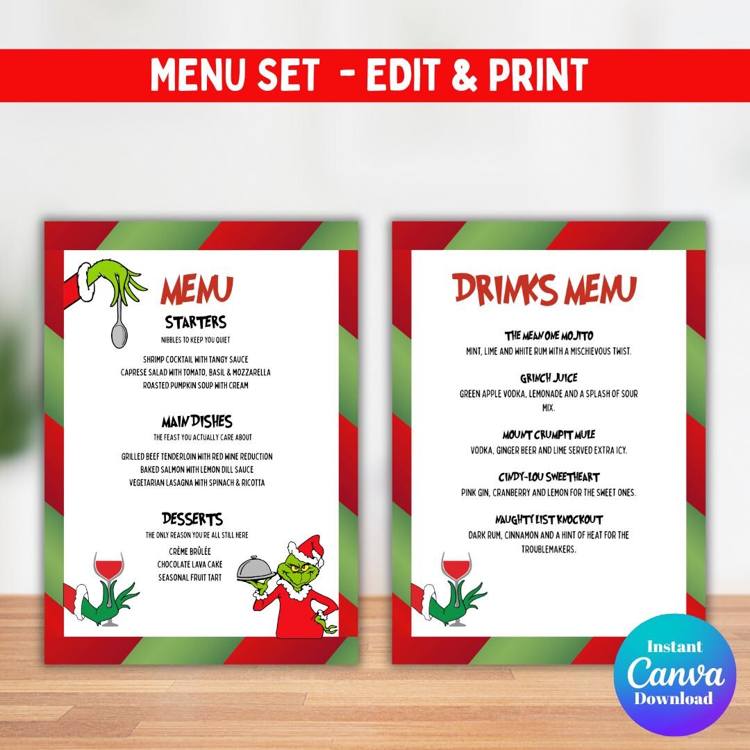 Grinch Christmas Menu Set | Food & Drinks Menu Printable - Etsy