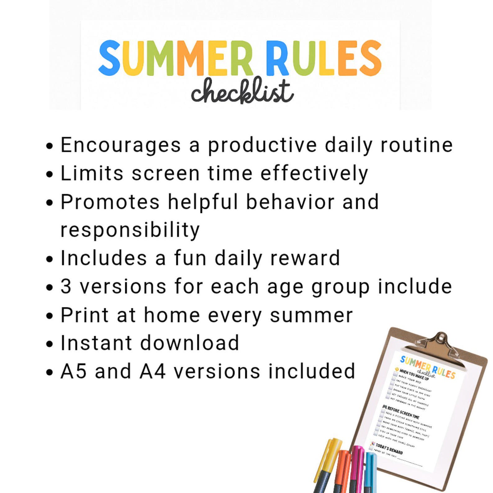 Summer Rules Checklist – Kids Daily Routine, Chores, Screen Time (PDF ...