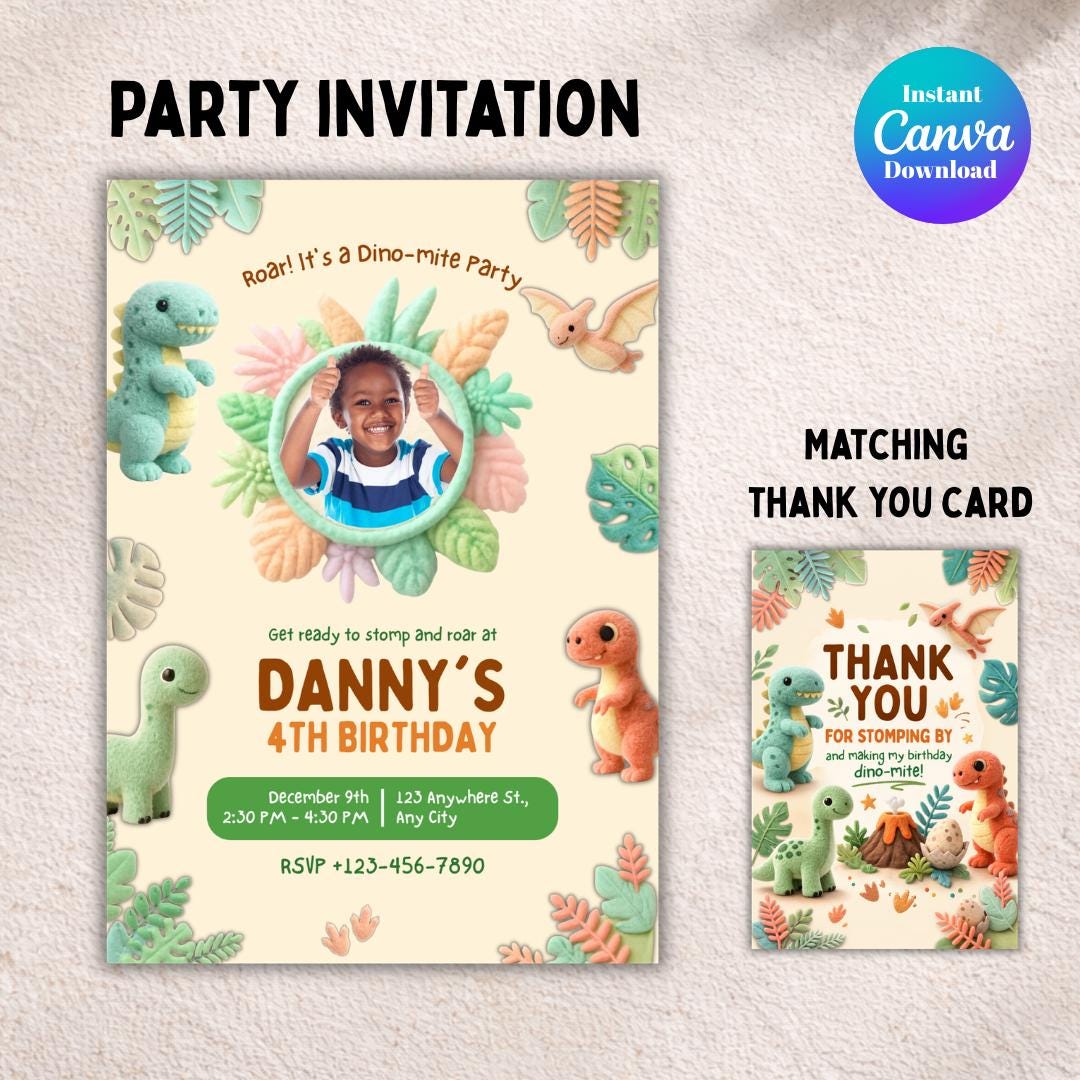 Dinosaur Birthday Invitation Template With Photo, Dino Party Invite ...