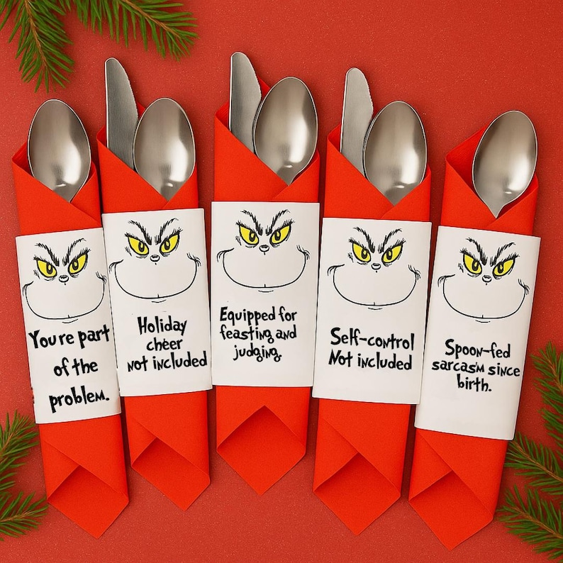 Grinch Christmas Cutlery Tags | Funny Printable Holiday Table Decor & Party Favor - Etsy