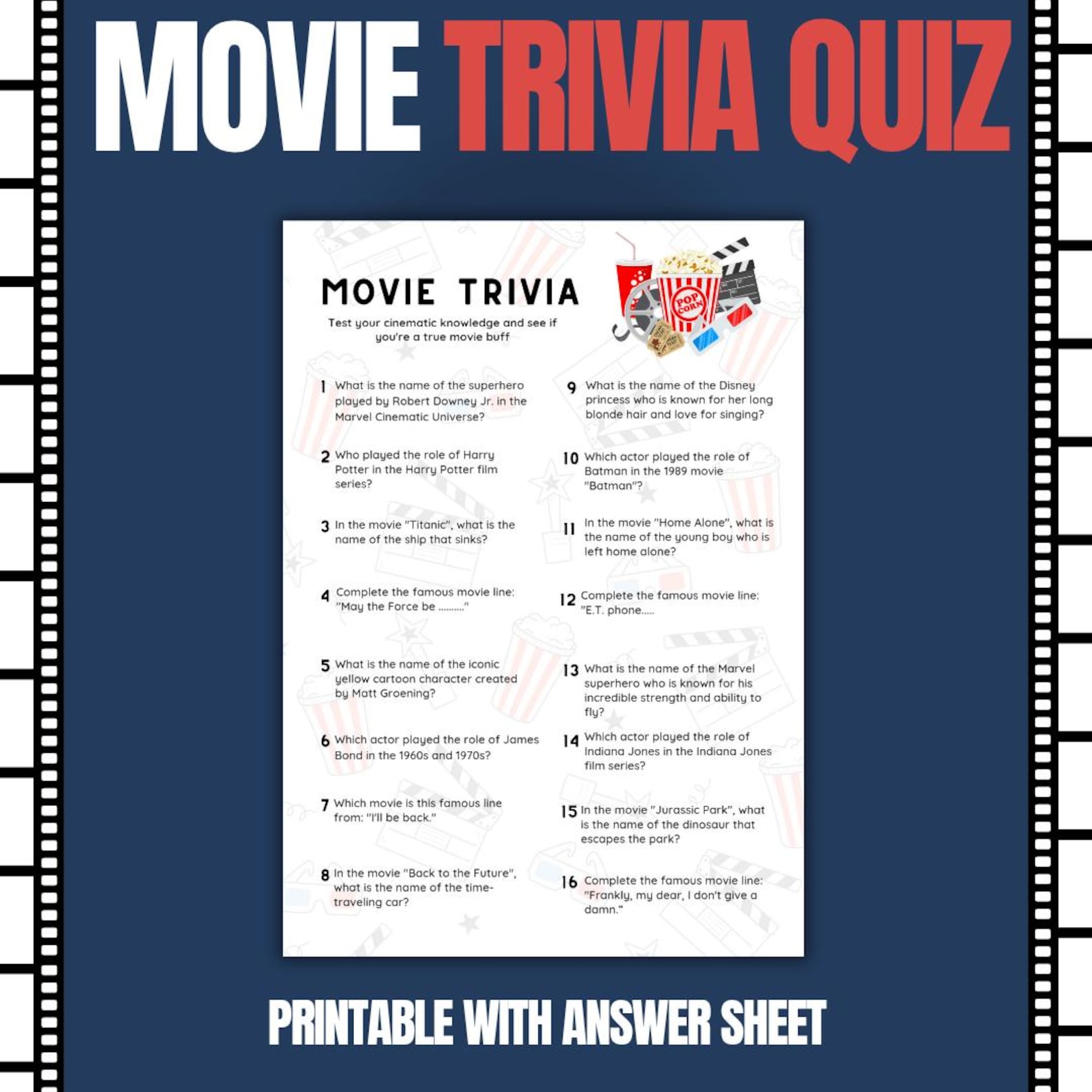 Movie Trivia Quiz, Family Movie Night Quiz | Digital Instant Download ...