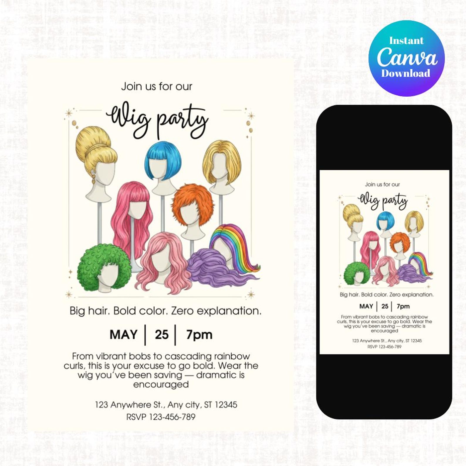 Wig Party Invitation | Editable Birthday, Party Invite (canva Template ...