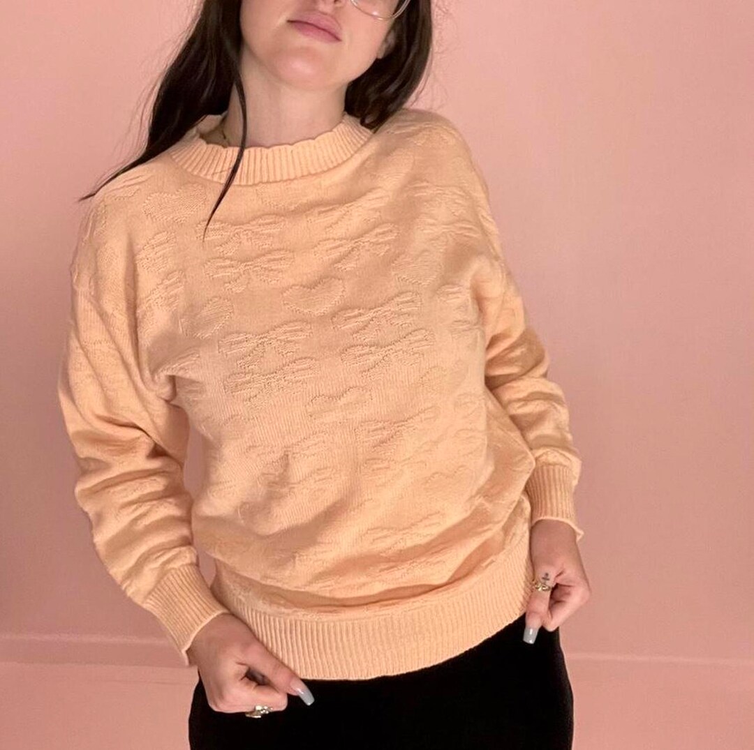 Vintage 80s Peach Sweater With Hearts and Bows Embroidery Pattern - Etsy