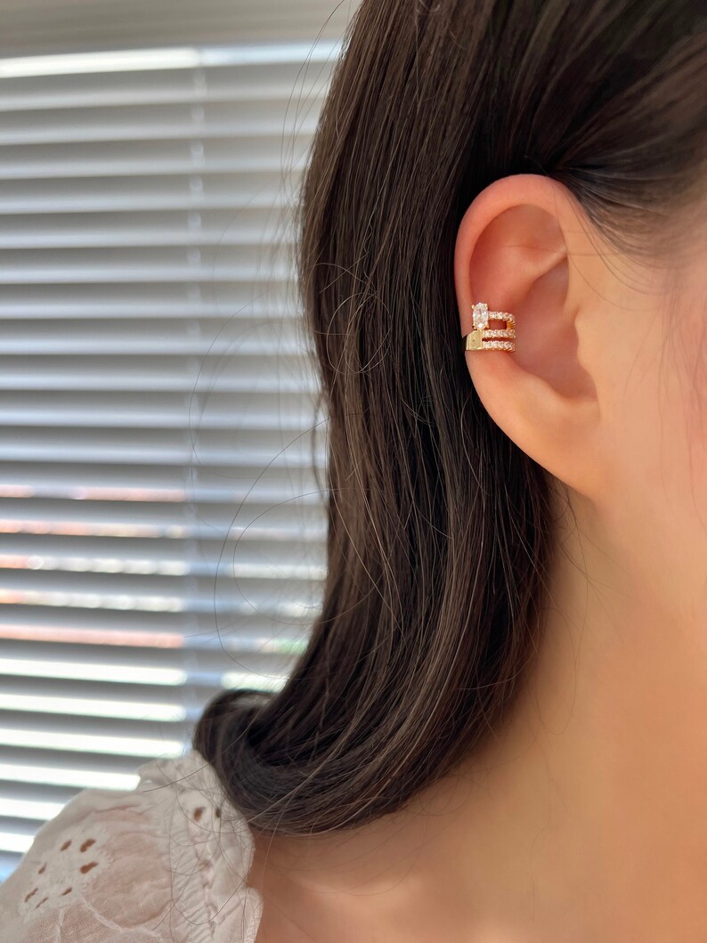 No Piercing Layered Radiant Diamond Ear Cuff, 14K Gold Plated Ear Cuff, Clip on Earing, Gift for ...