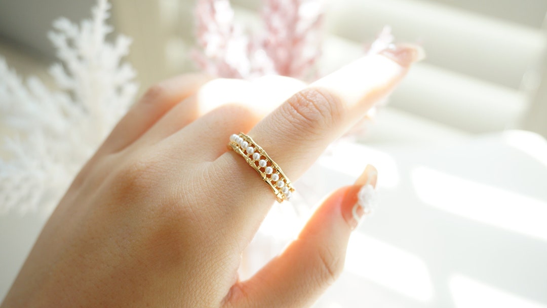 Vintage Pearl Stackable Ring, Adjustable 14k Gold Plated Ring ...