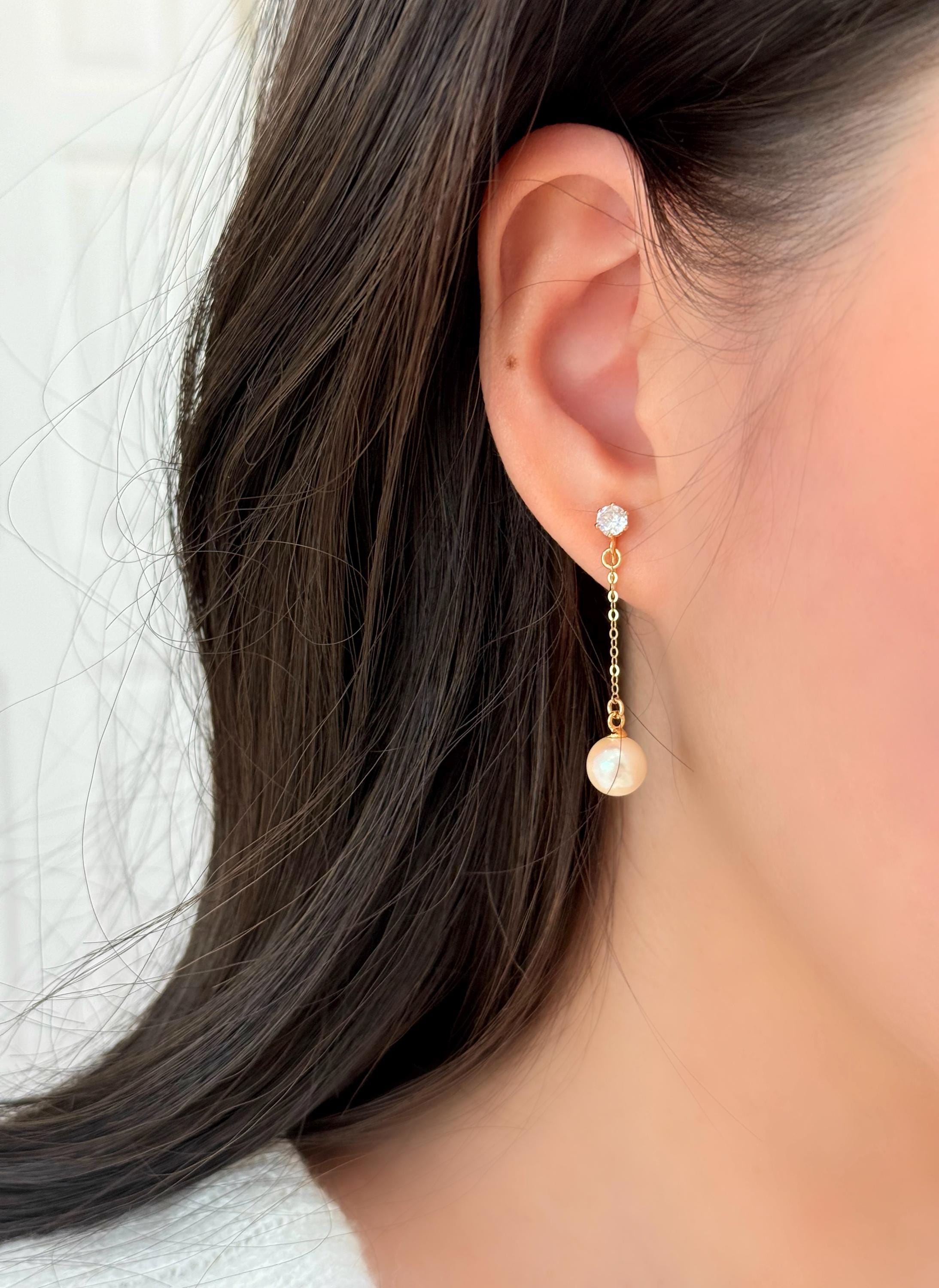 No Piercing Ear Clips, 14K Gold Plated White Diamond Drop Pearl Clip on ...