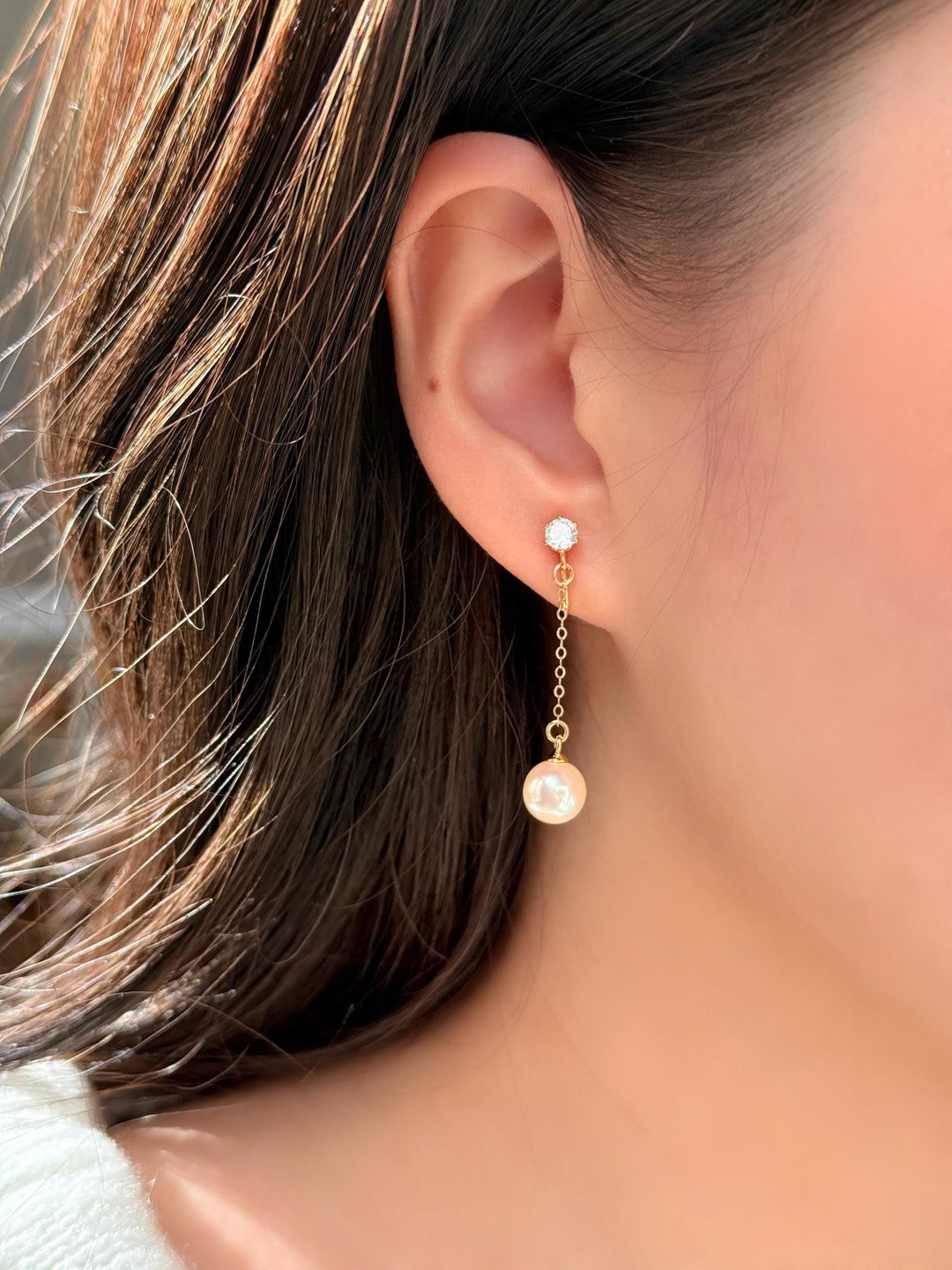 No Piercing Ear Clips, 14K Gold Plated White Diamond Drop Pearl Clip on ...