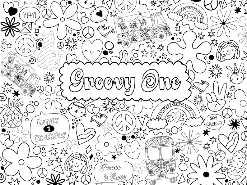 1st Birthday ‘groovy One’ Coloring Sheet Activity - Etsy