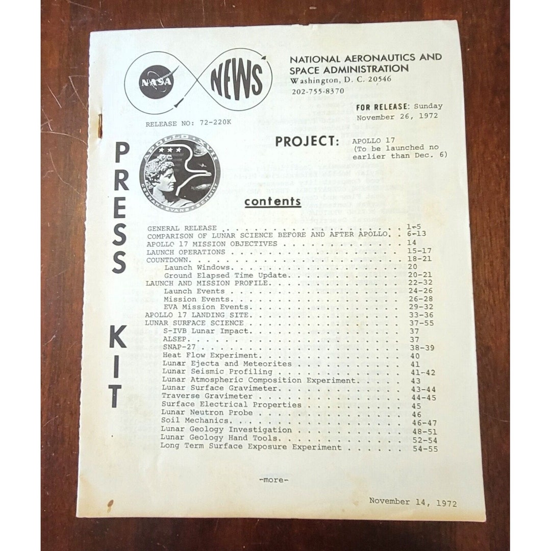 Apollo 17 Press Kit ORIGINAL November 26 1972 LAST MISSION - Etsy