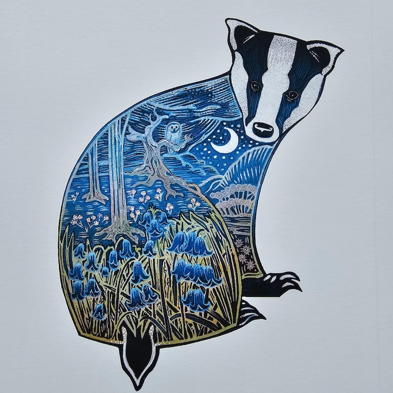A4 Badger Wall Art Colourfull Wildlife Print moonlight Forest Scene ...