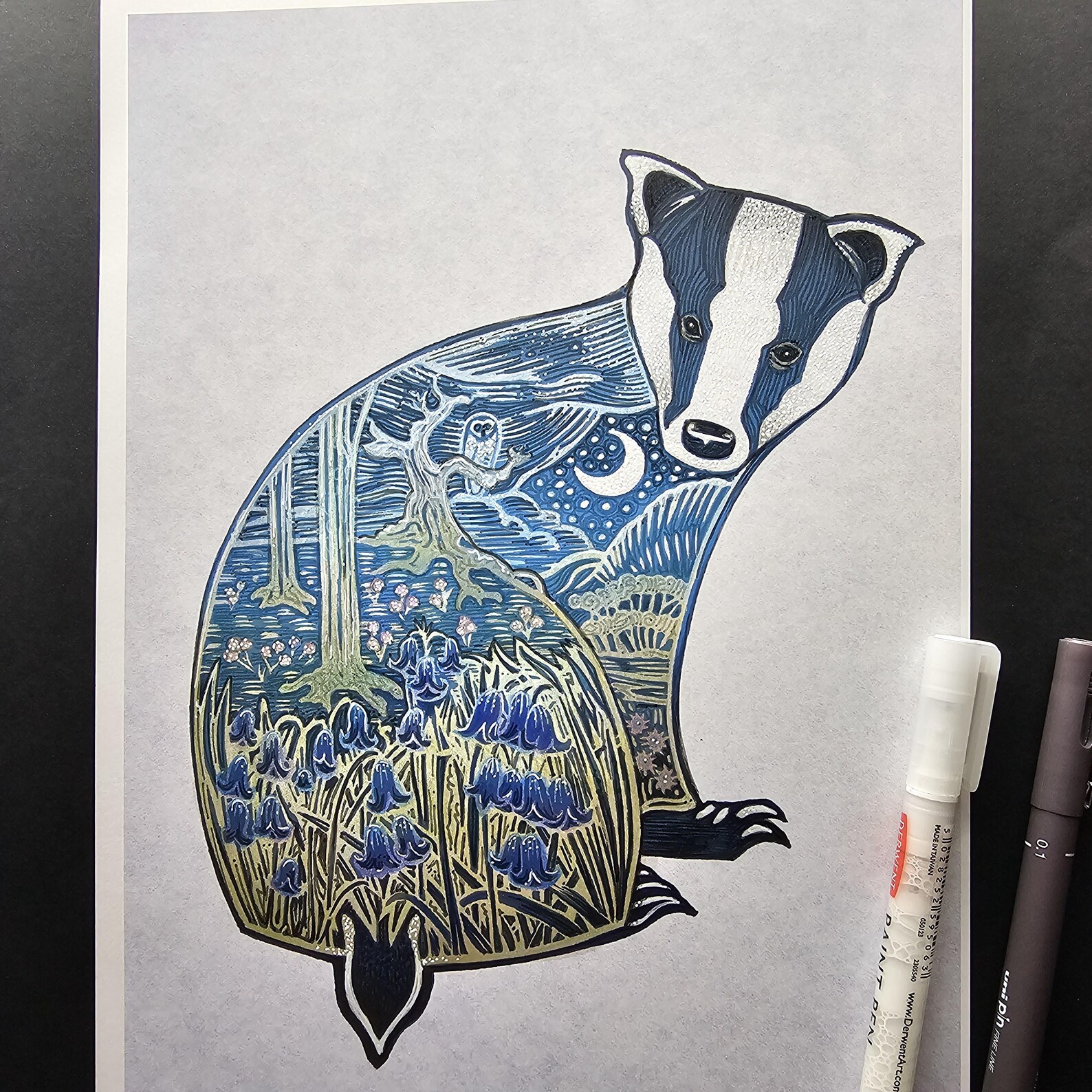 A4 Badger Wall Art Colourfull Wildlife Print moonlight Forest Scene ...