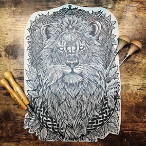 Limited Edition Celtic Lion, Lino Cut Print | Handcrafted Black and ...