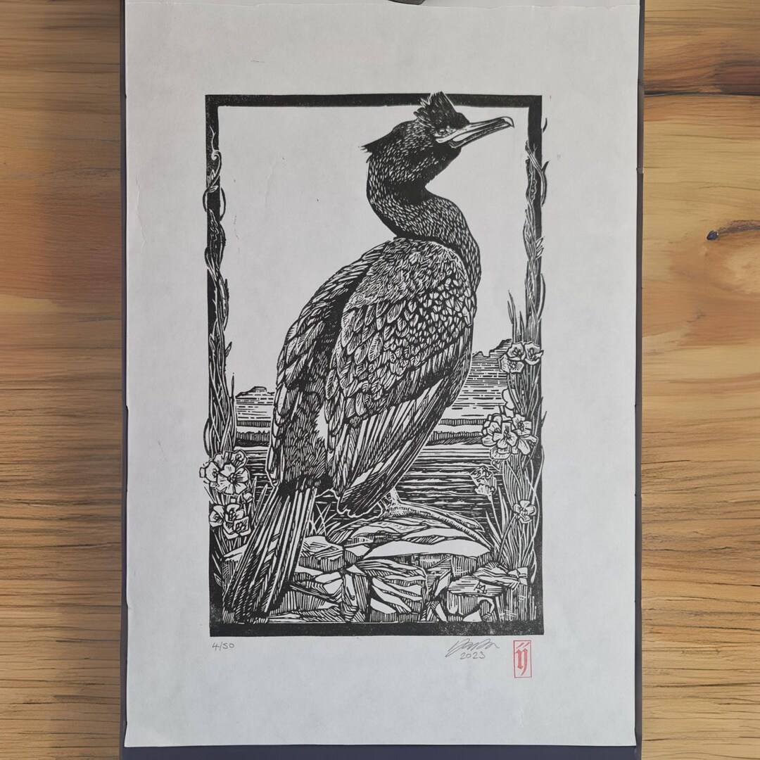 Cormorant on the Rocks Lino Cut Print - Etsy UK