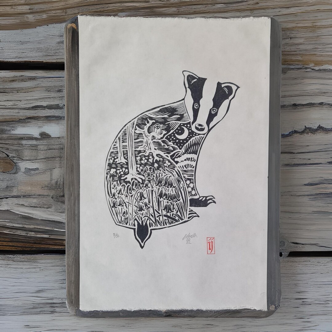 Badger Linocut Print Original Lino Print Wall Ar British Wildlife A4 ...