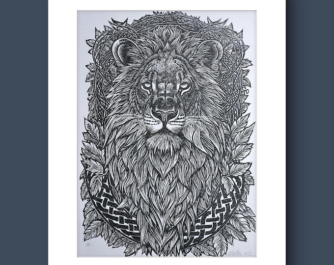 Limited Edition Celtic Lion, Lino Cut Print | Handcrafted Black and ...