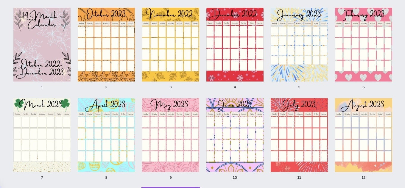 14 Month Calendar 2022-2023 Printable PDF - Etsy