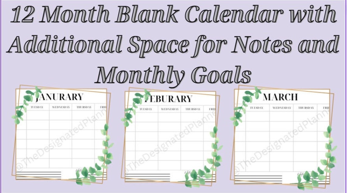 12-month Blank Calendar With Additional Space for Notes and - Etsy