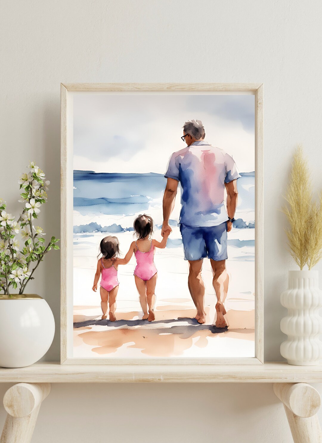 Father and Daughters, Watercolor Drawing, Dad and His Girls Dad Gift ...