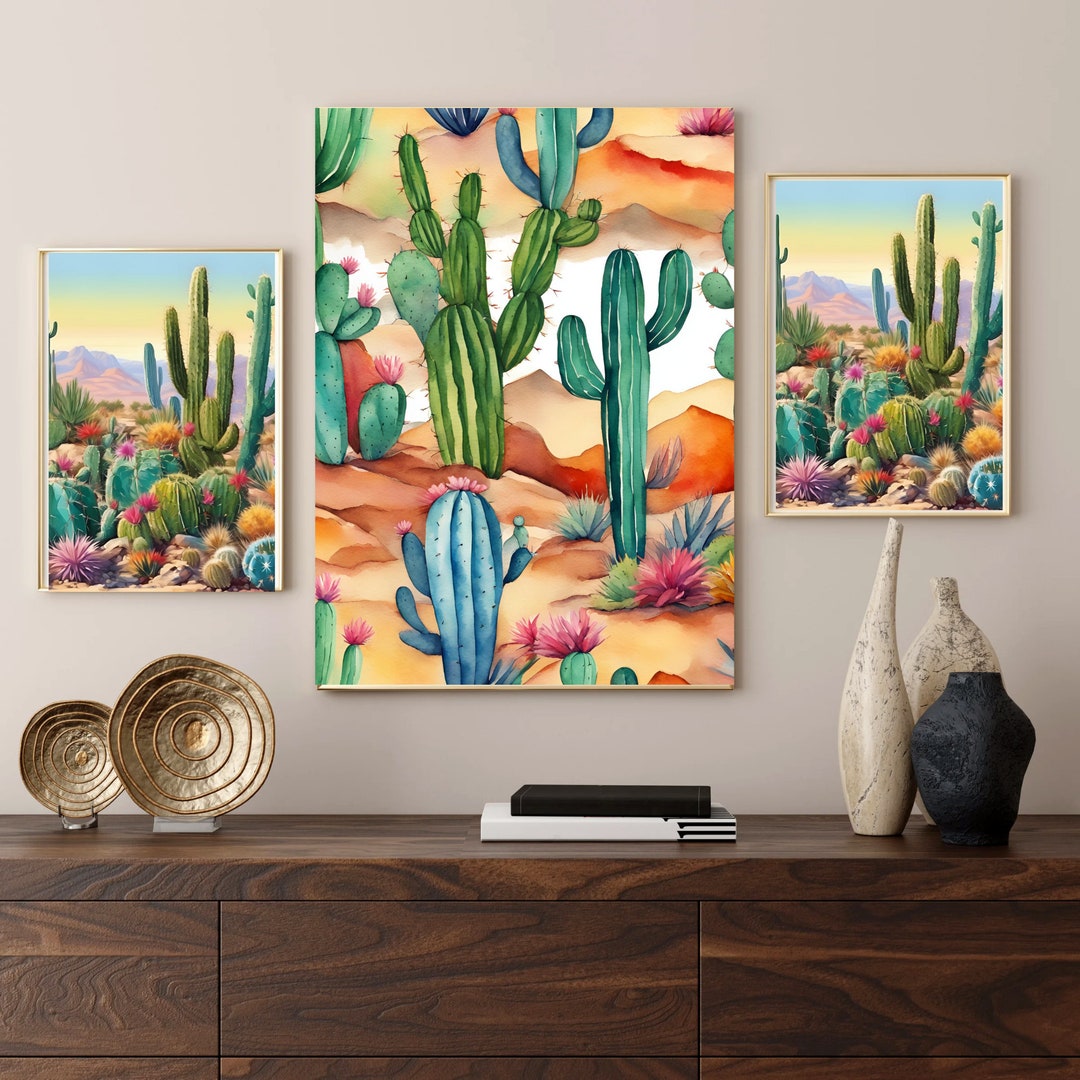 Colorful Desert Cactus Wall Art, Painting Desert Cactus Landscape Art ...