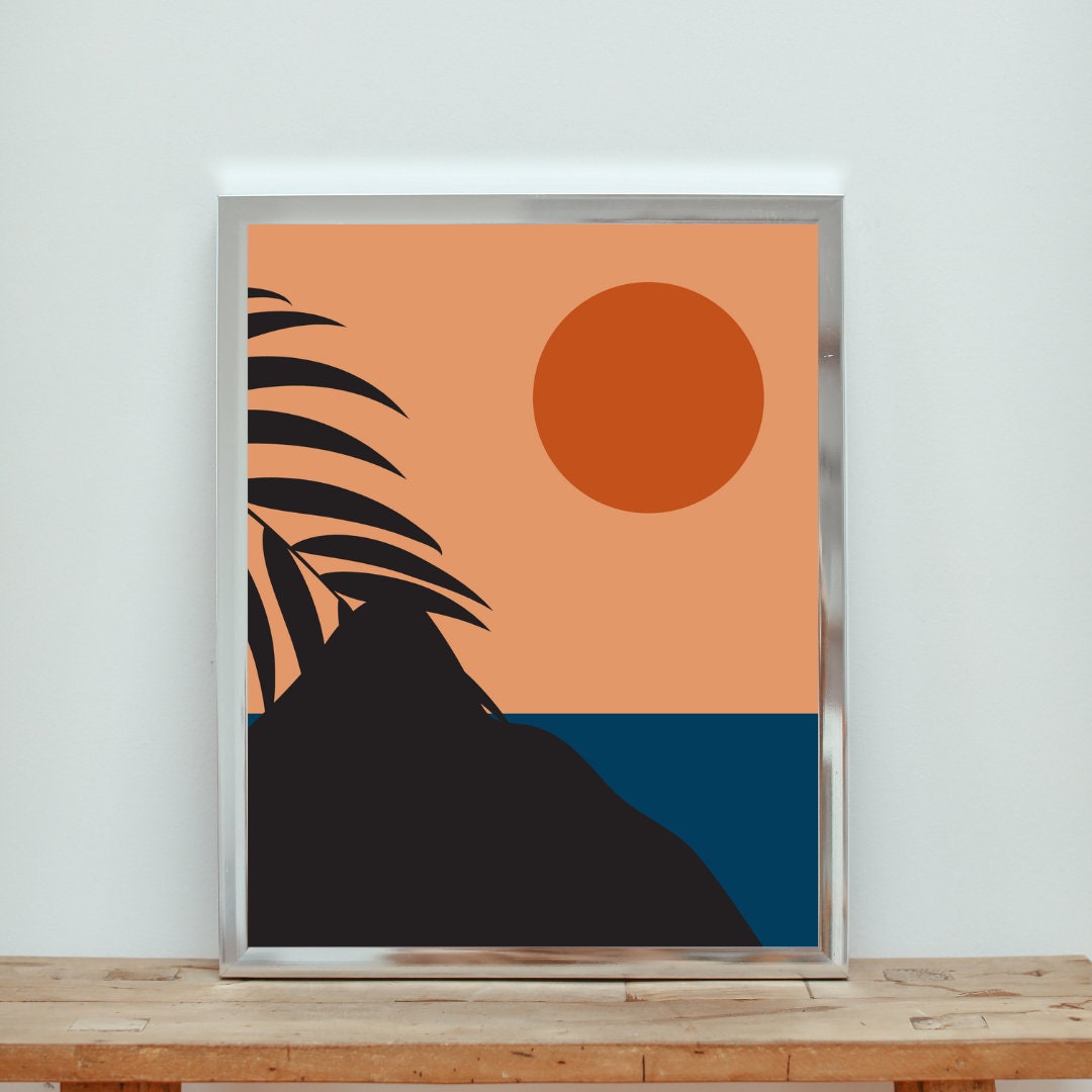 Yellow Sunset, Modern Red Sun Wall Decor, Abstract Sun Print Geometric ...