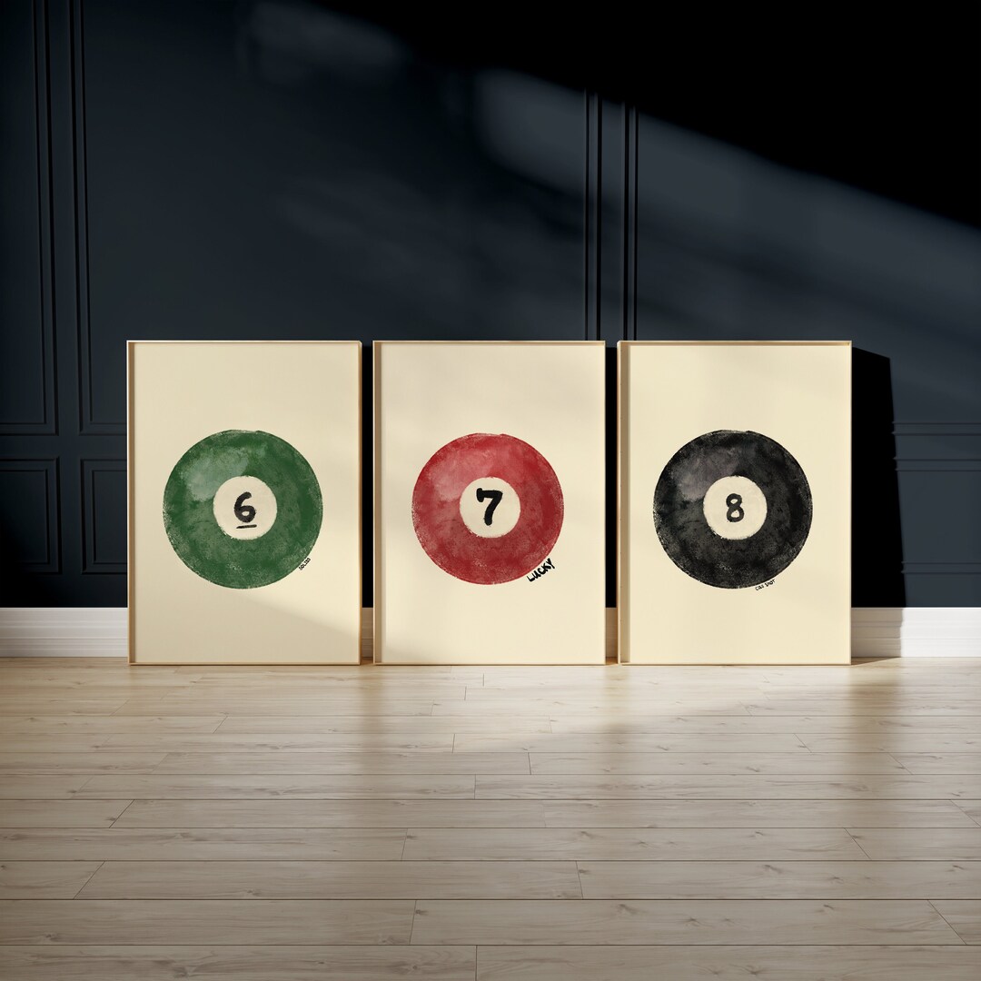 Set of 3 Vintage Pool Ball Print Retro Hand-drawn Wall Art Printable ...