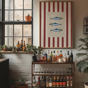Vintage Fish Print Coastal Kitchen Wall Art Nautical Striped Decor ...