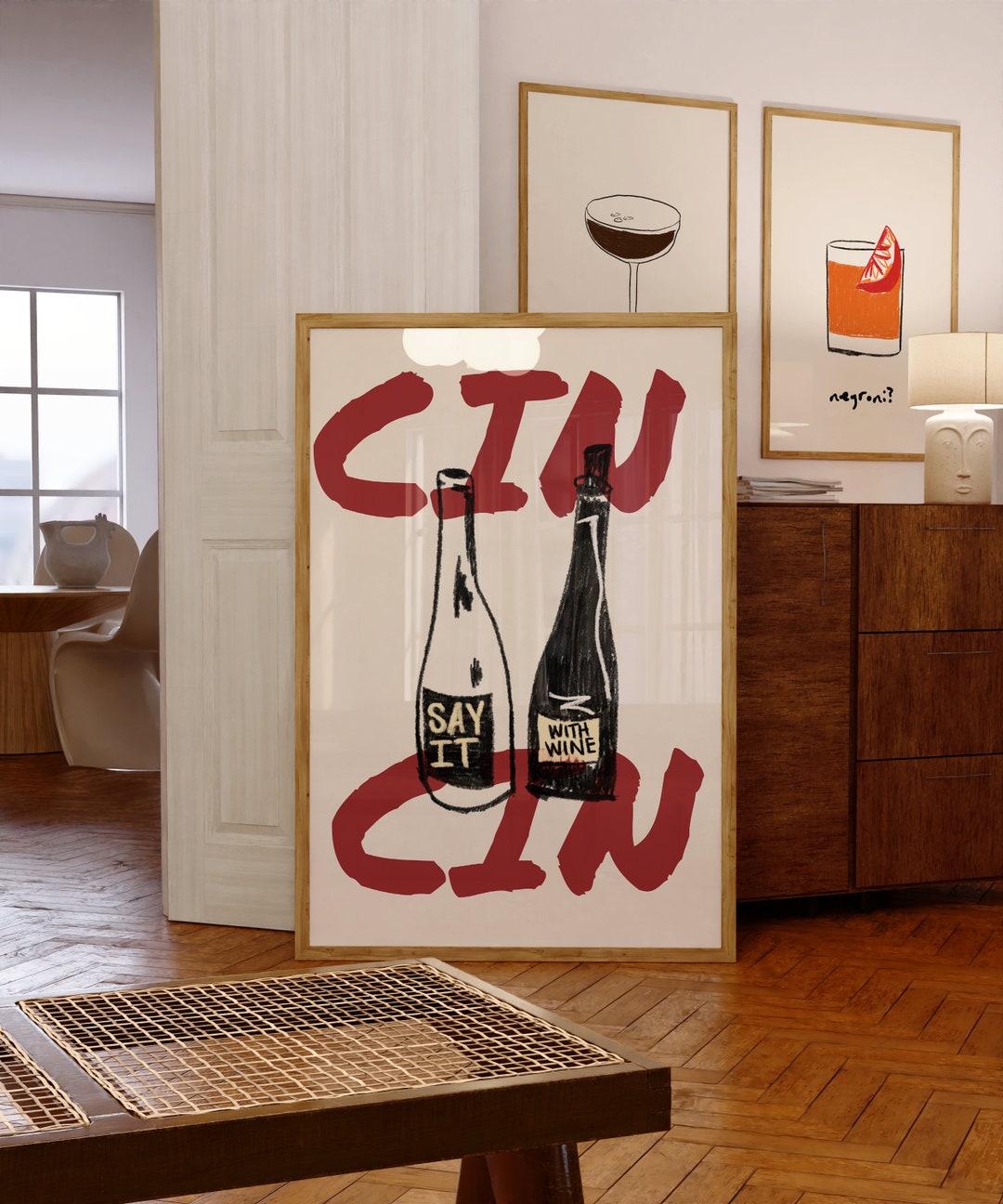 Cin Cin Wine Print Alcohol Print Vintage Wine Poster Bar Cart Wall Art ...