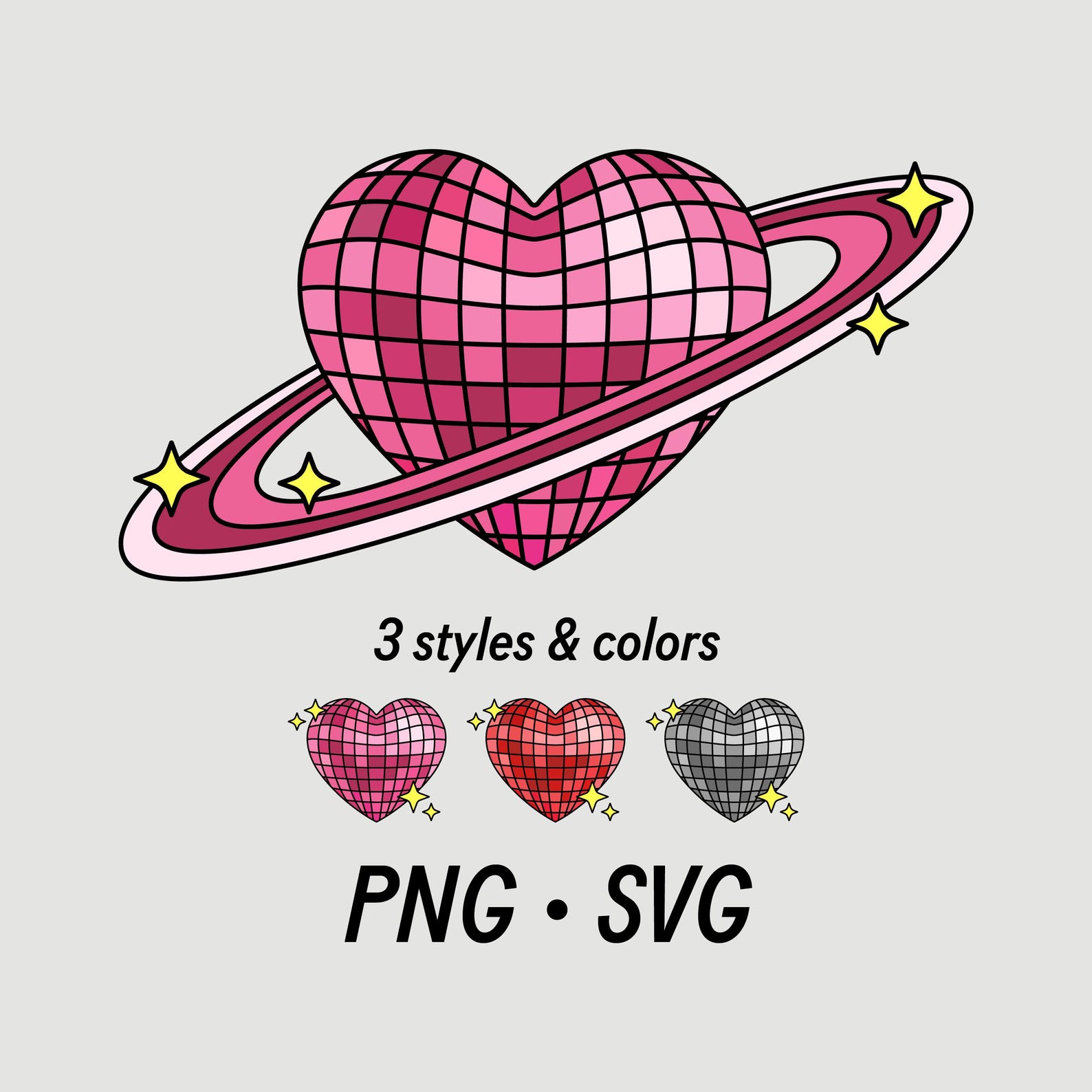 Disco Heart Pink Red Silver PNG SVG, Heart Discoball, Retro ...